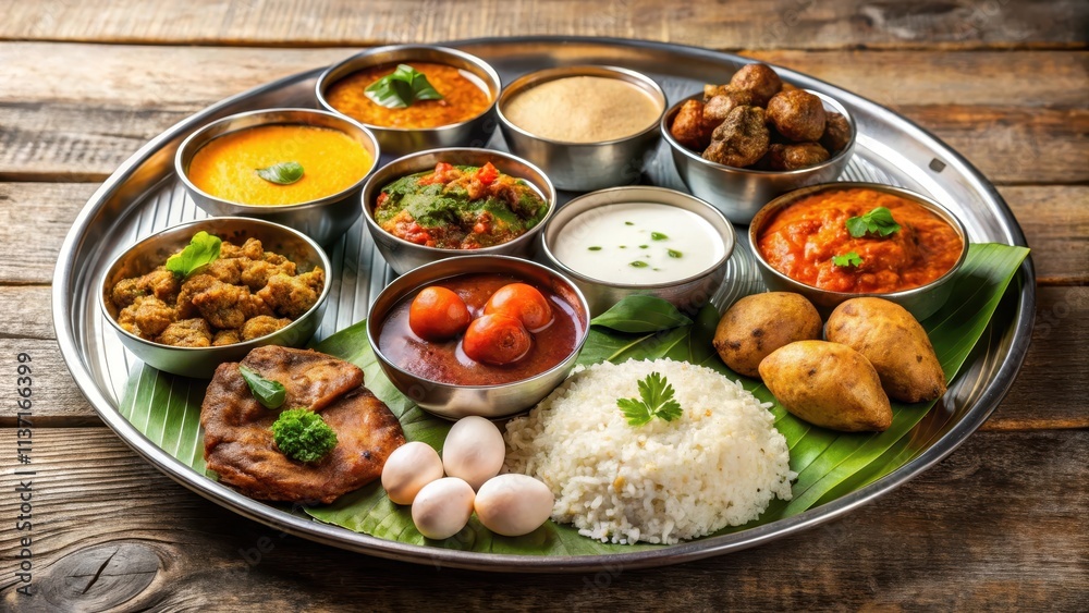 Traditional Karnataka thali with ragi ball, mutton curry, chicken curry ...