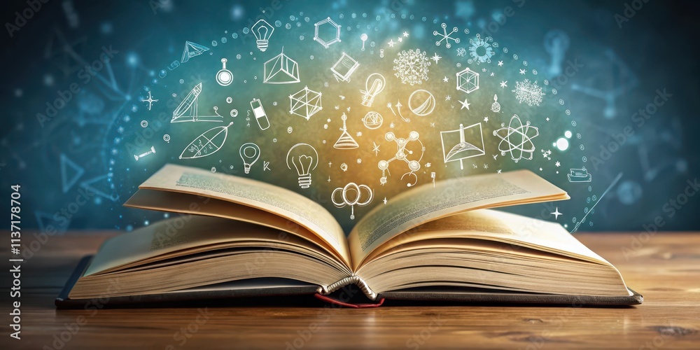 Open textbook with science and math symbols on cover , education ...