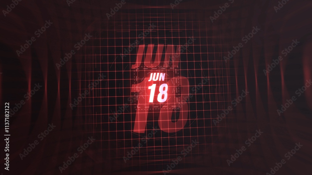 18 June. Calendar with number and month in neon red with grid ...
