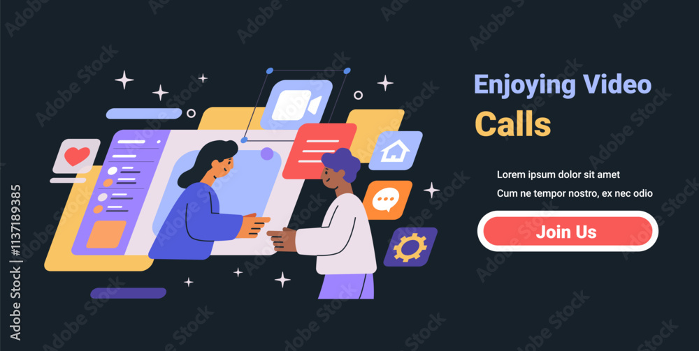 Video call interaction concept with two people engaging through digital ...