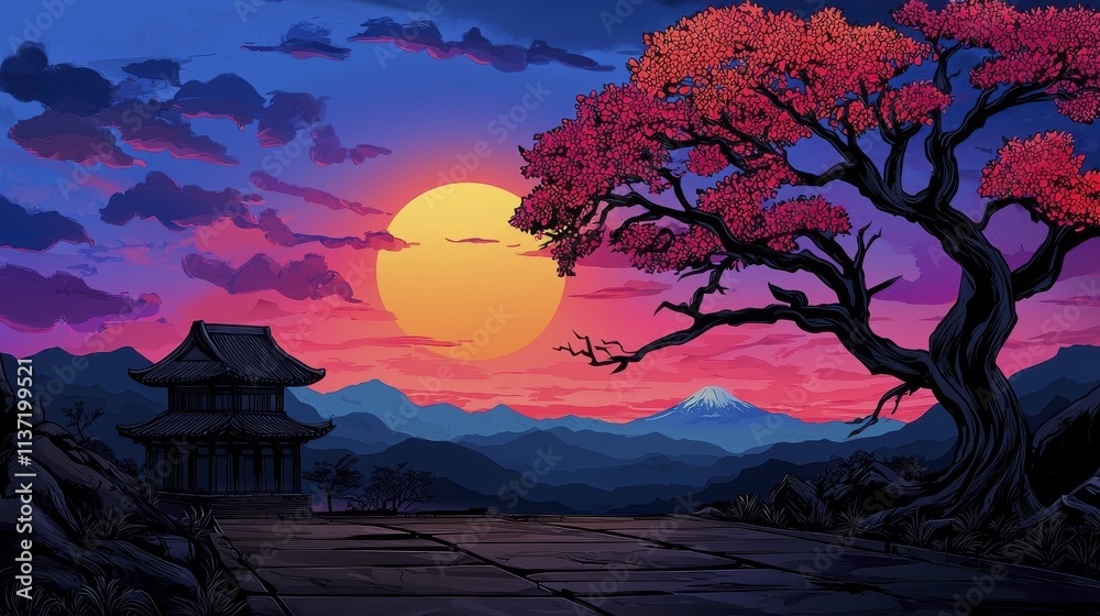 Japanese Sunset, Mountain Temple, Cherry Tree | Vibrant color palettes ...