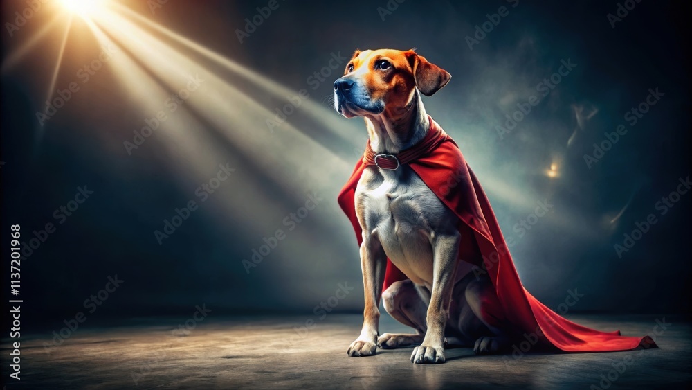 Heroic canine standing in a stylized superhero pose with dramatic ...