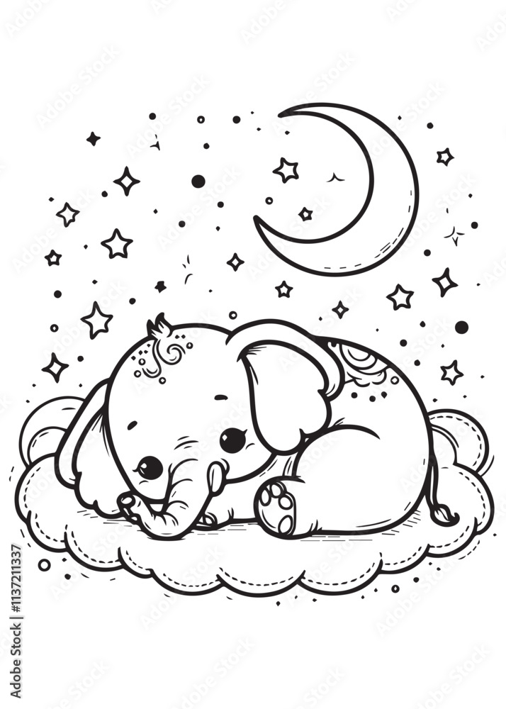 Elephant sleep under moon coloring page design Stock Vector | Adobe Stock