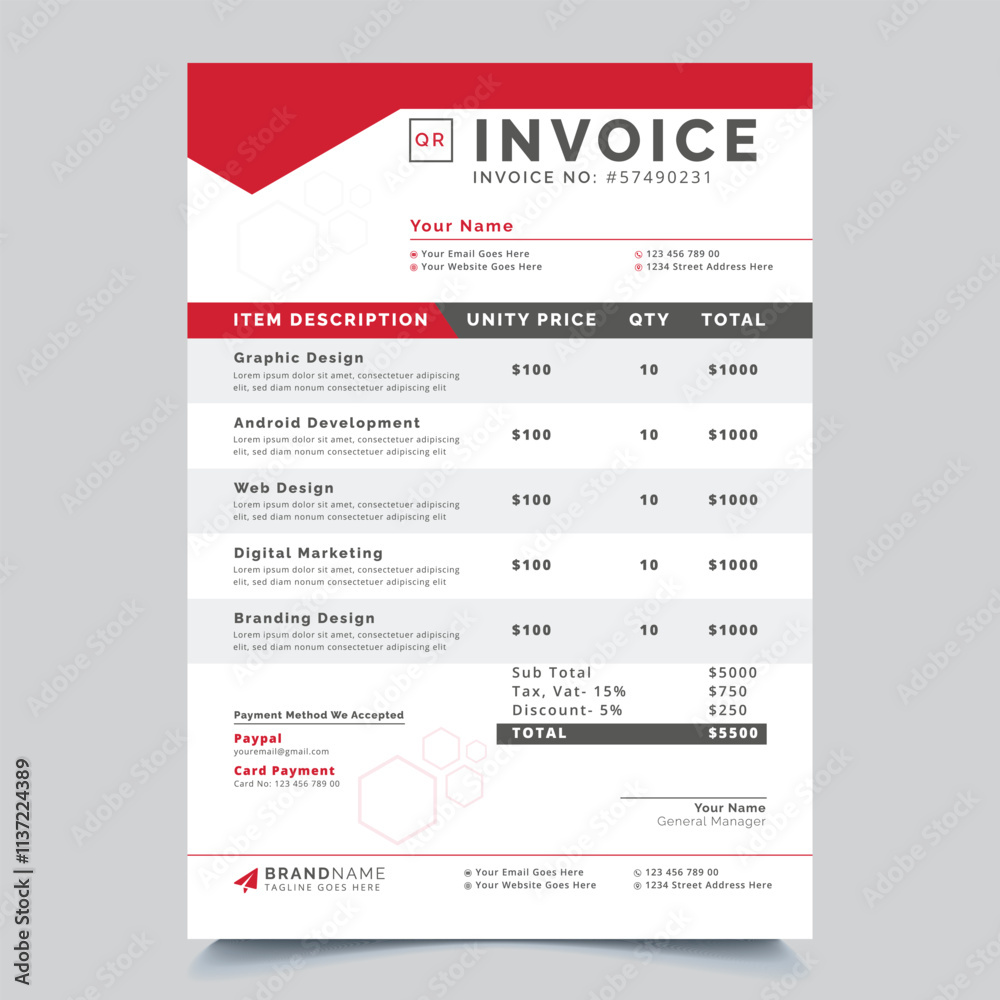 A4 Size Invoice Template Stock Vector | Adobe Stock