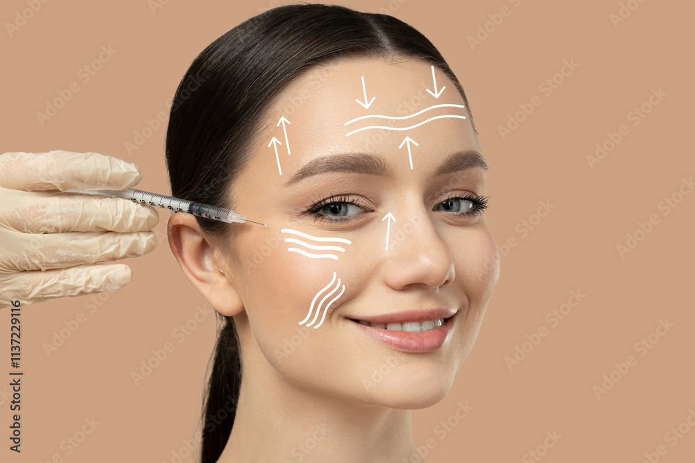 Botox. Skin Care. A girl gets a botox injection, on a light background ...