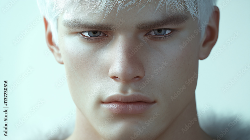 Albino male model with white hair and penetrating gaze showing ...