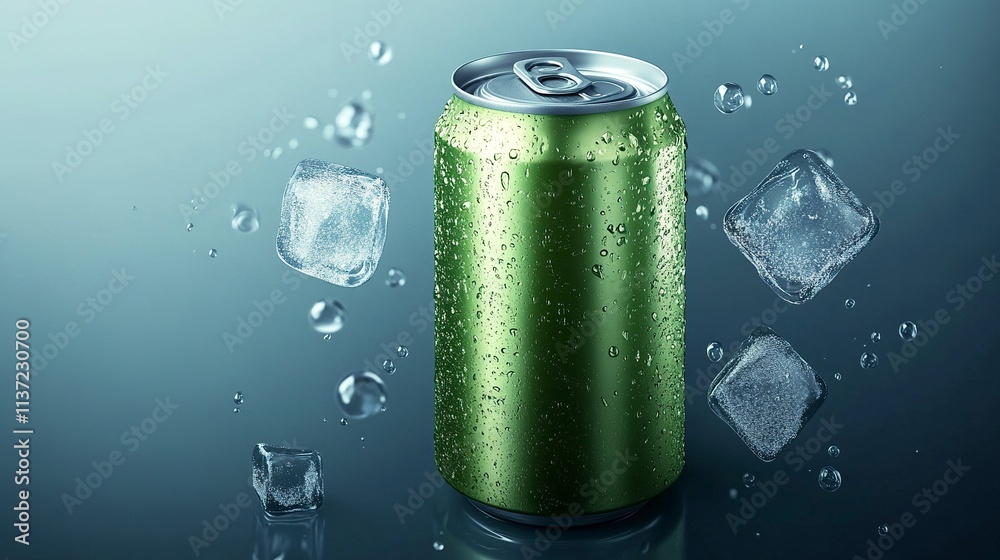 Realistic illustration of aluminum can without label. ice cubes, and ...