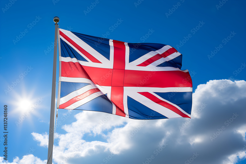 Iconic British Union Jack Flag Fluttering Against Clear Blue Sky - A ...