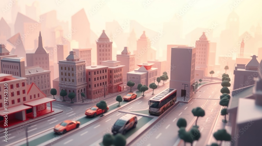 A stylized urban landscape featuring buildings, roads, and vehicles in ...