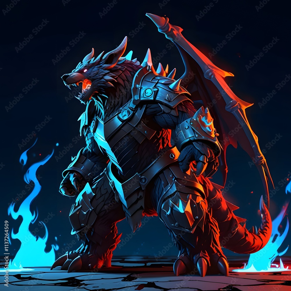 Epic battle of a spiked werewolf warrior in a fiery realm digital art ...