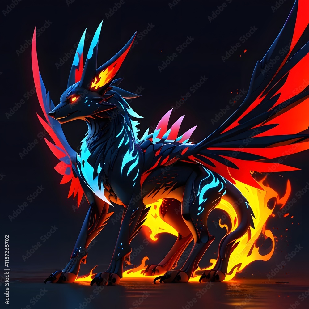 Mythical creature adventure fiery dragon dog enchanted forest digital art fantasy realm vibrant ...