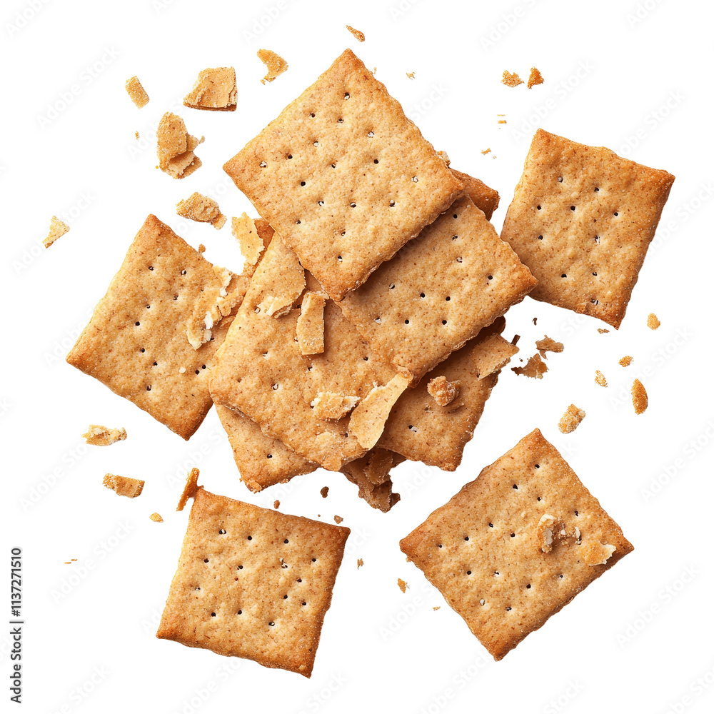 Whole wheat crackers scattered on a transparent background with some ...