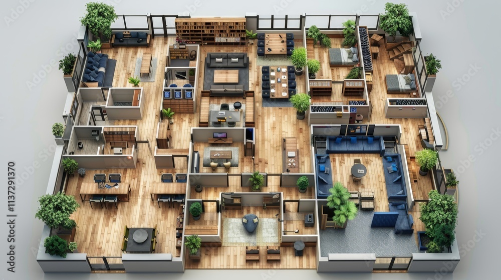 Ilustración de Stock Top View 3D floorplan of office interior design ...