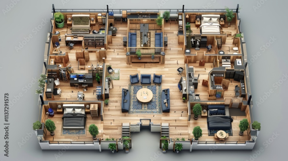 Top View 3D floorplan of office interior design with cyber security ...