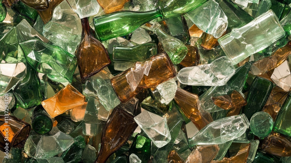 64.Detailed background of shattered glass bottle fragments in green ...
