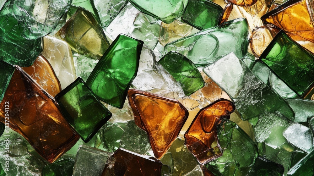 64.Detailed background of shattered glass bottle fragments in green ...
