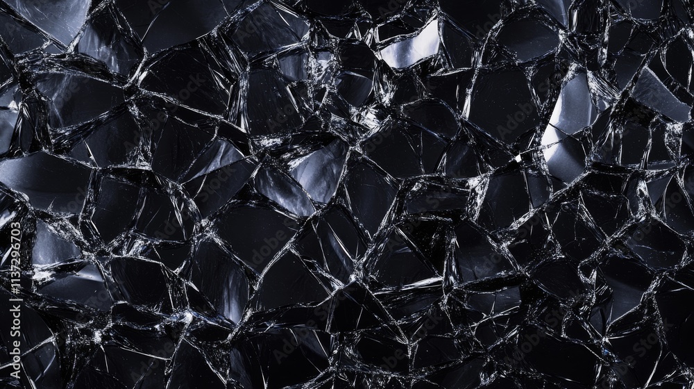 3.Detailed texture of broken glass on a black background, with jagged ...