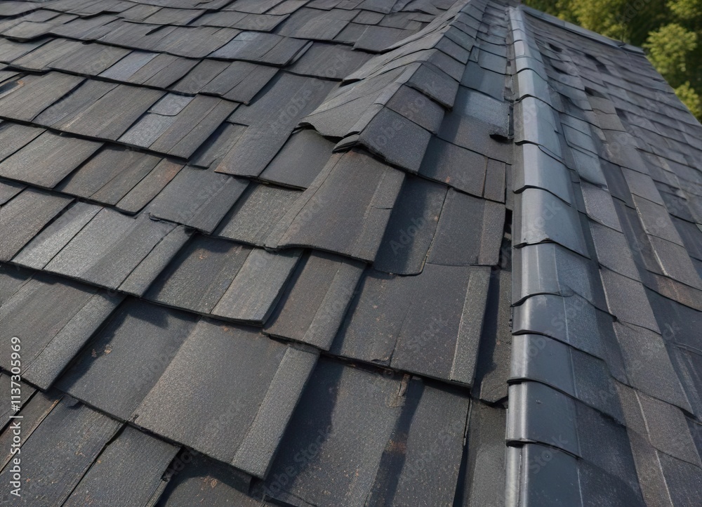 View down asphalt shingle roof with visible ridge cap and gutter system ...