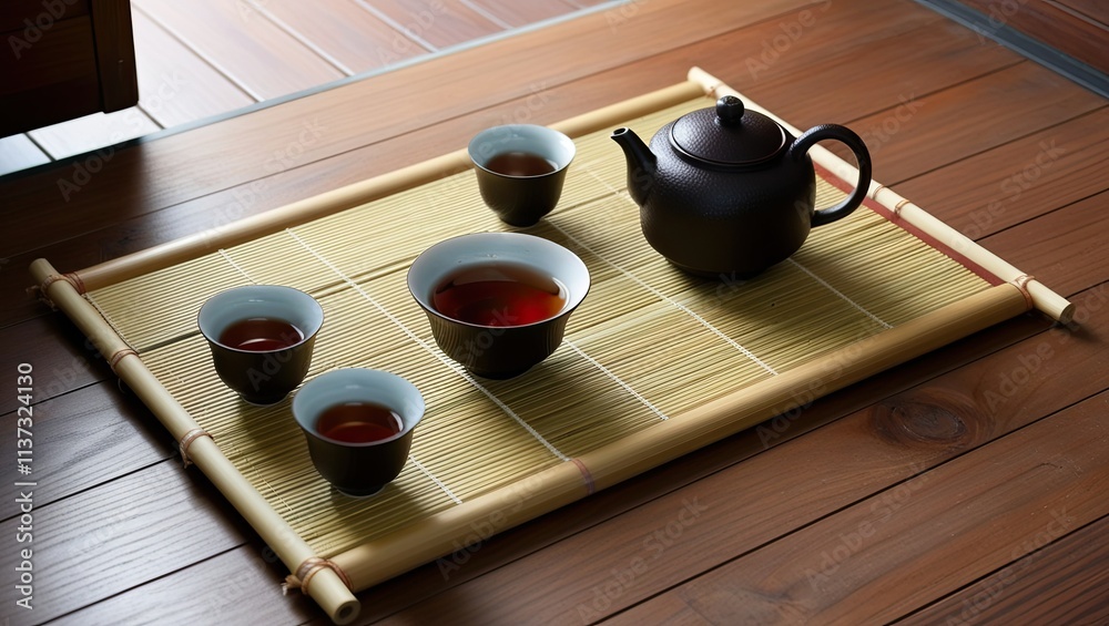 Japanese tea a bamboo mat with a hot teapot and teacups by-gigapixel ...