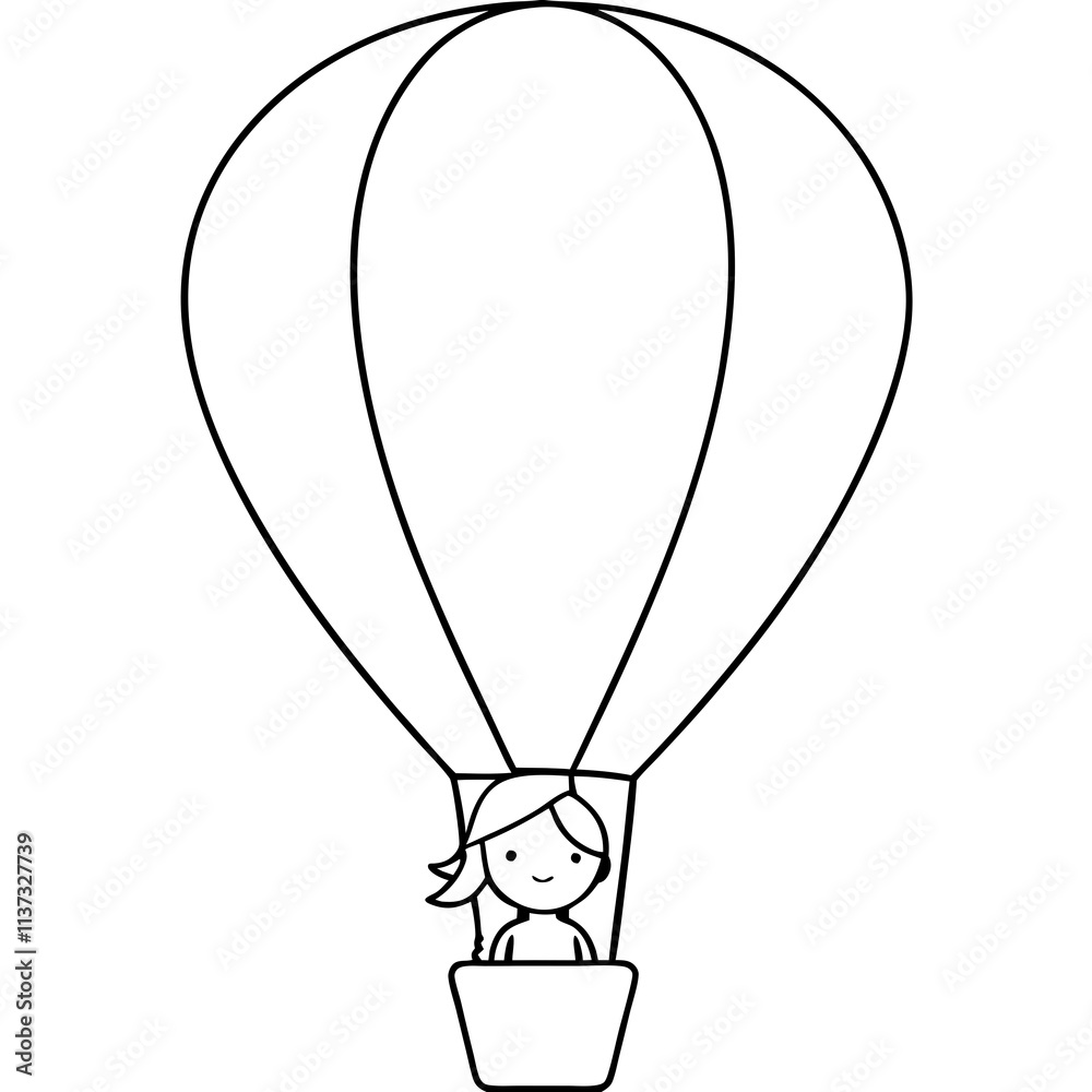 cartoon girl flying in a hot air balloon kids traveling Line Art ...