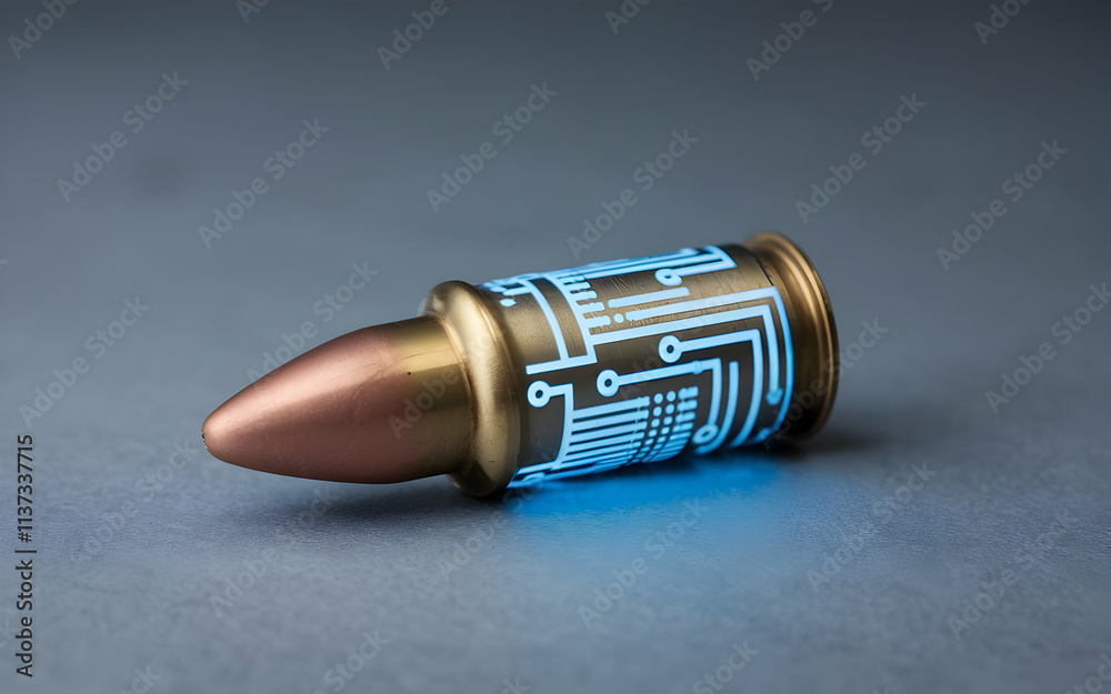 Cyber Warfare: A single bullet with a glowing blue circuit board design ...