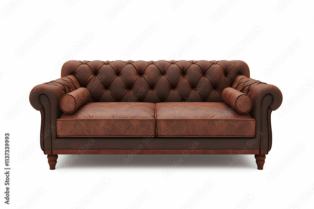 Elegant Chesterfield Sofa in Rich Brown Leather with Tufted Design and ...