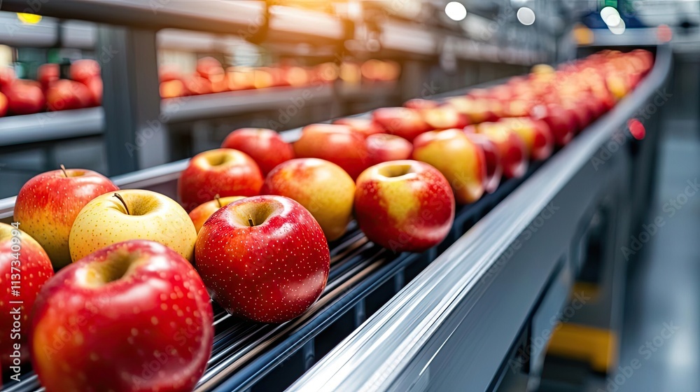 Apple harvest idea. Fresh apples moving along a conveyor belt in a ...