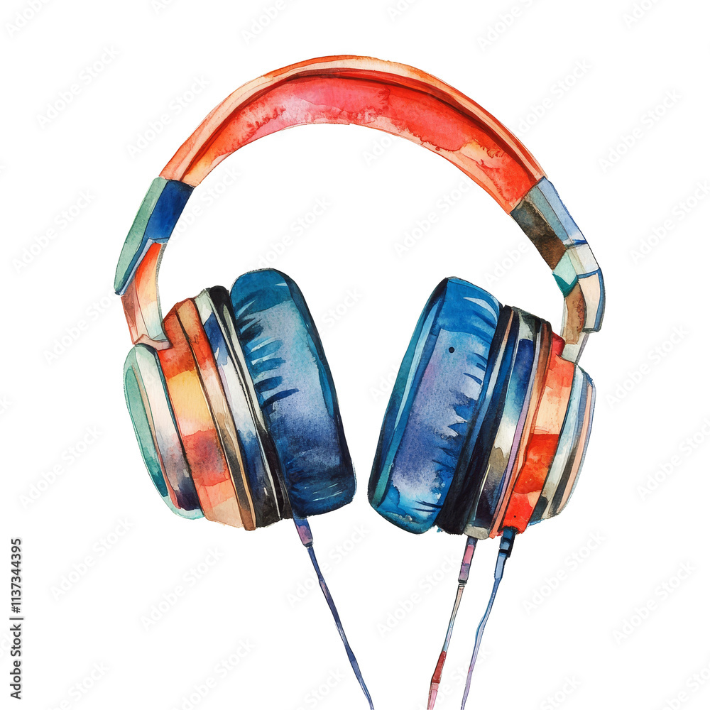 Vibrant watercolor illustration of headphones on a transparent ...