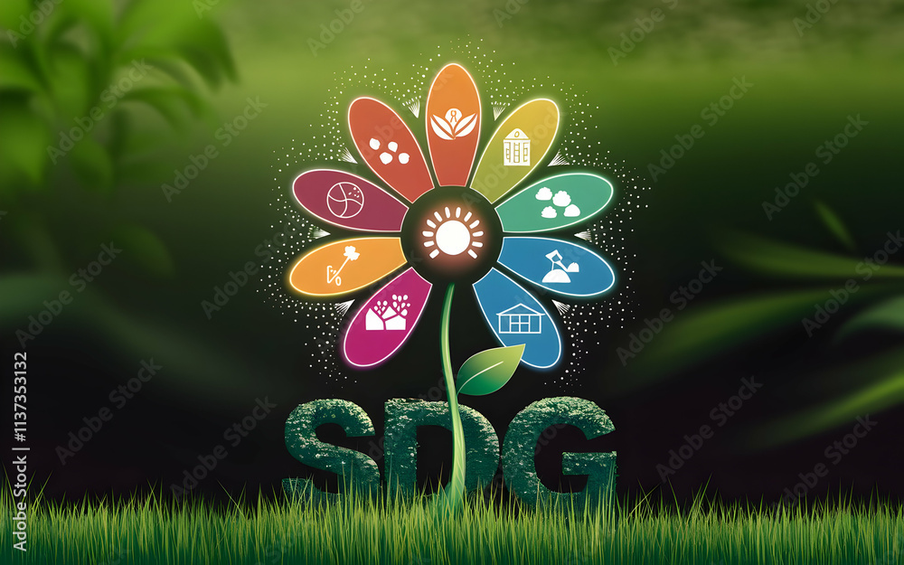 Sustainable Future: A vibrant flower symbolizing the Sustainable Development Goals (SDGs) blooms ...