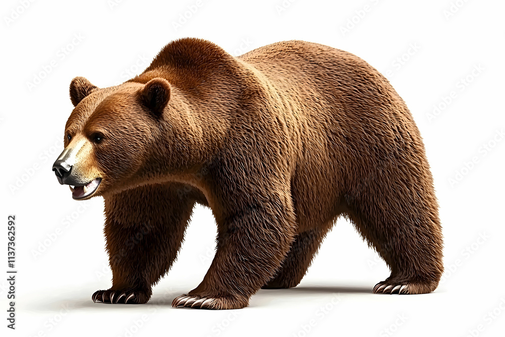 Realistic depiction of a powerful brown bear standing on a white ...