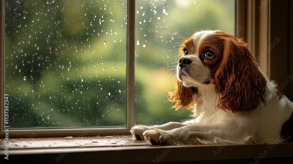 Ilustrace Cavalier King Charles Spaniel Sitting by a Window with Rain ...