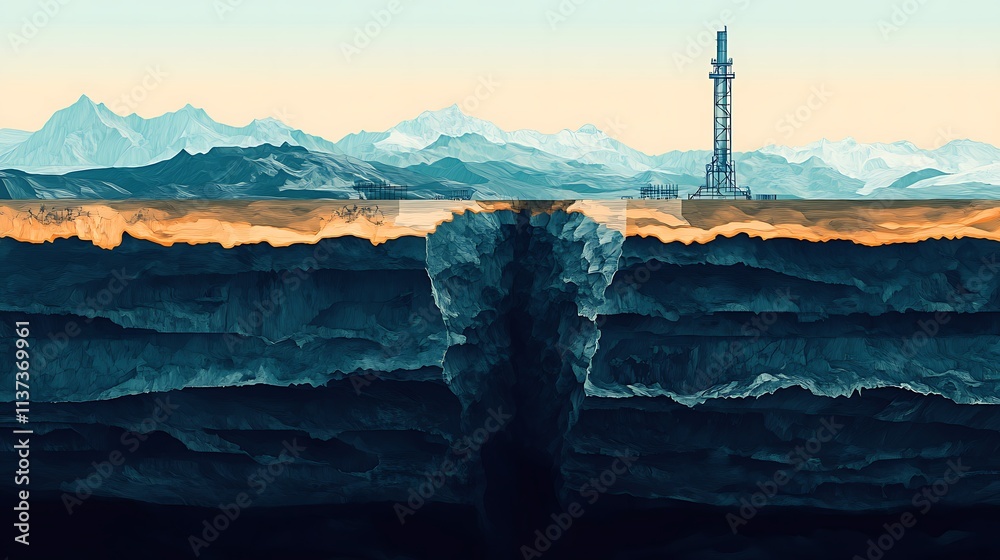 Cross-section view of Earth's layers, revealing a deep well against a ...