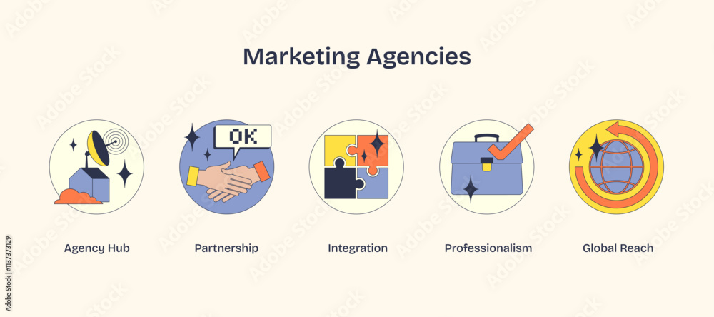 Marketing Agencies icons show agency hub, partnership, integration ...