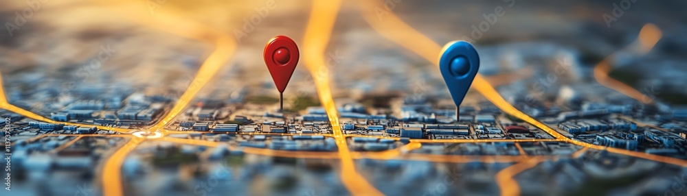 GPS navigation system map with a marked starting point and destination ...