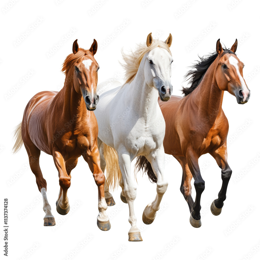 Three horses running energetically on a transparent background ...