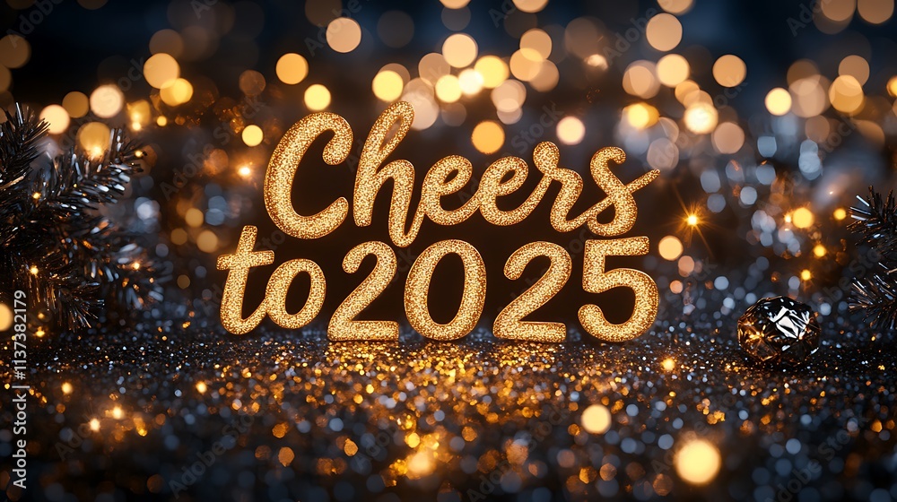 Cheers to 2025 in whimsical handwritten font, radiant champagne gold ...