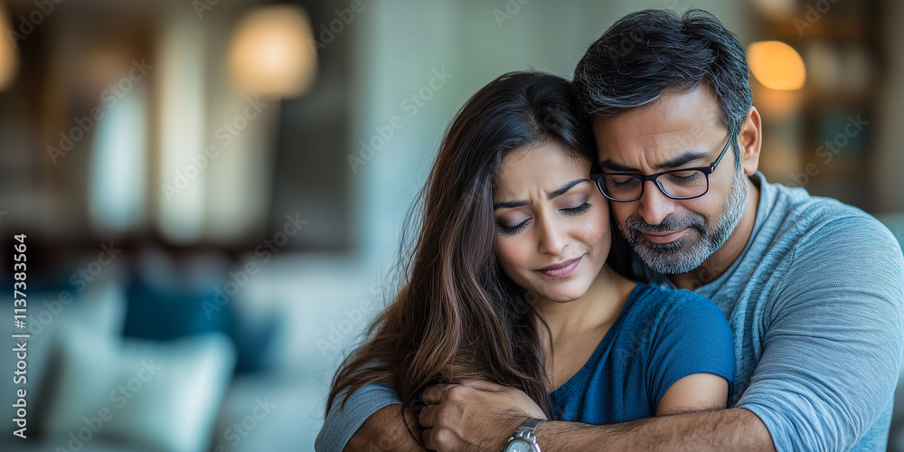 Loving indian man hugging, comforting and supporting his wife feeling ...
