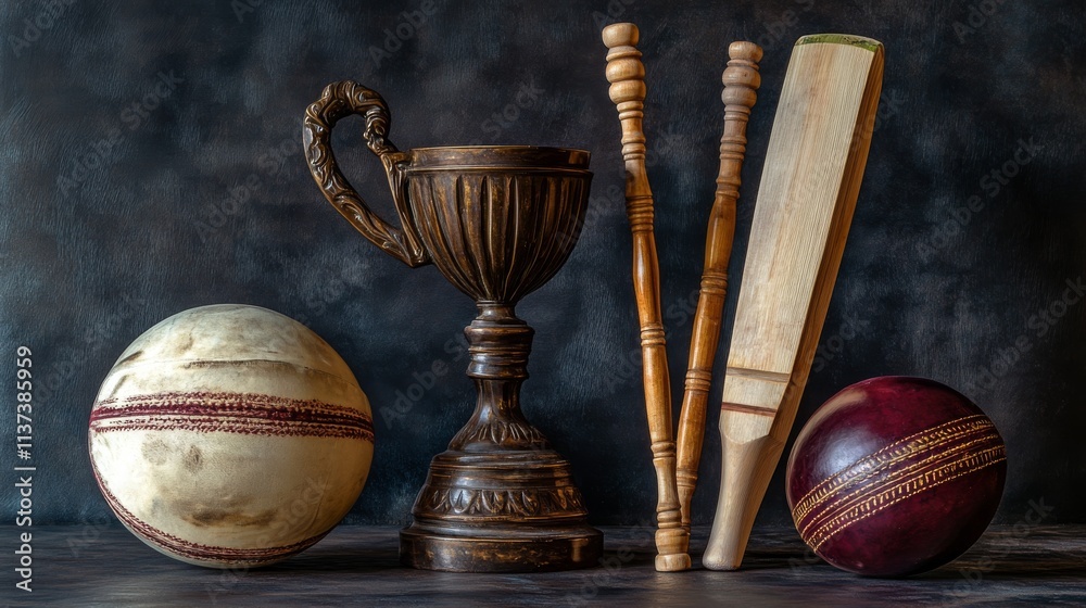 vintage cricket tools artwork, antique bronze trophy, pale wooden ...