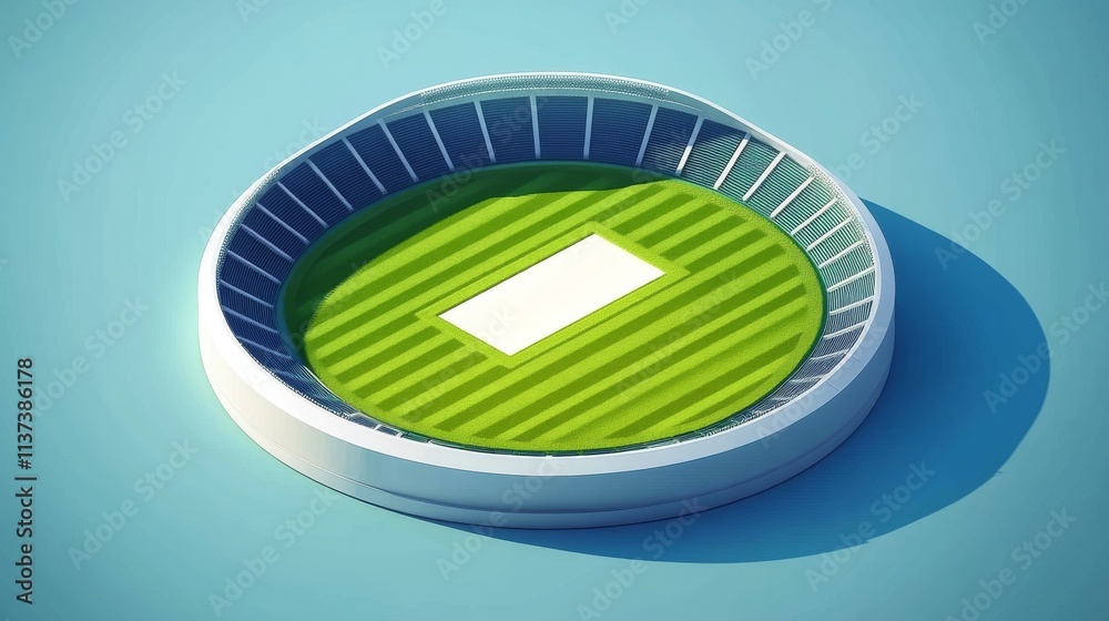 Circular cricket stadium ground with pristine green grass field, oval ...