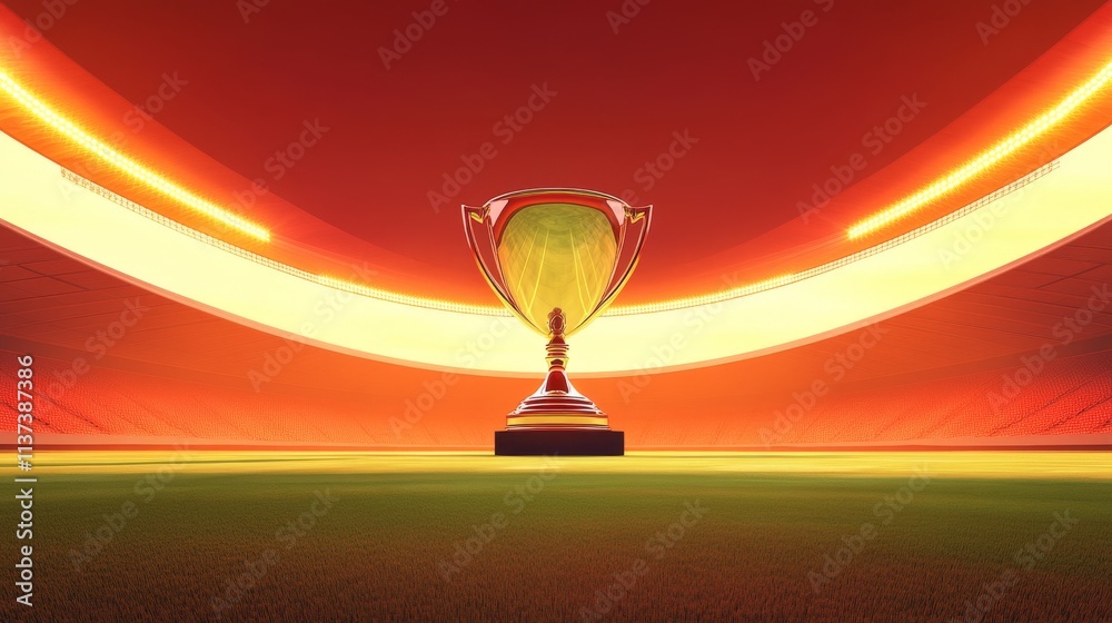 Athletic arena floating trophy display, cricket ground cross-section ...