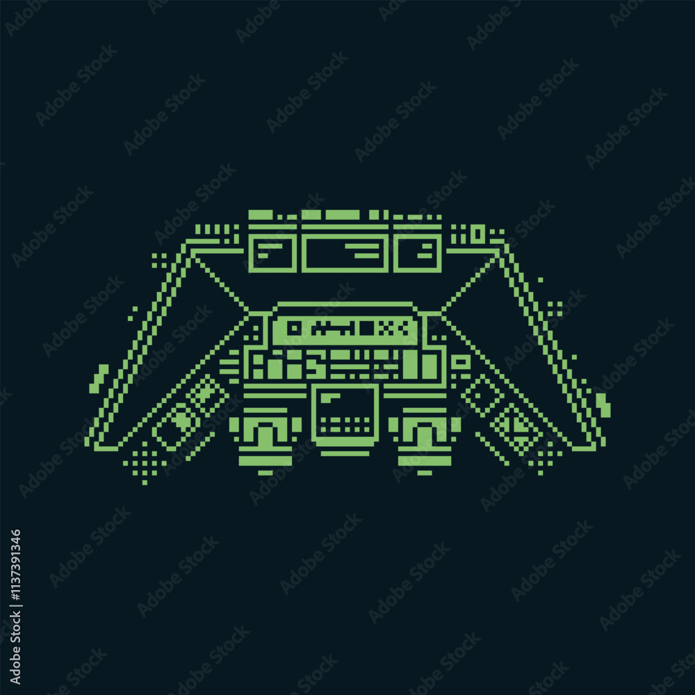 Video game spaceship. Pixel art style icon. Sci-fi game logo. Sticker design. 8-bit sprite. Old ...