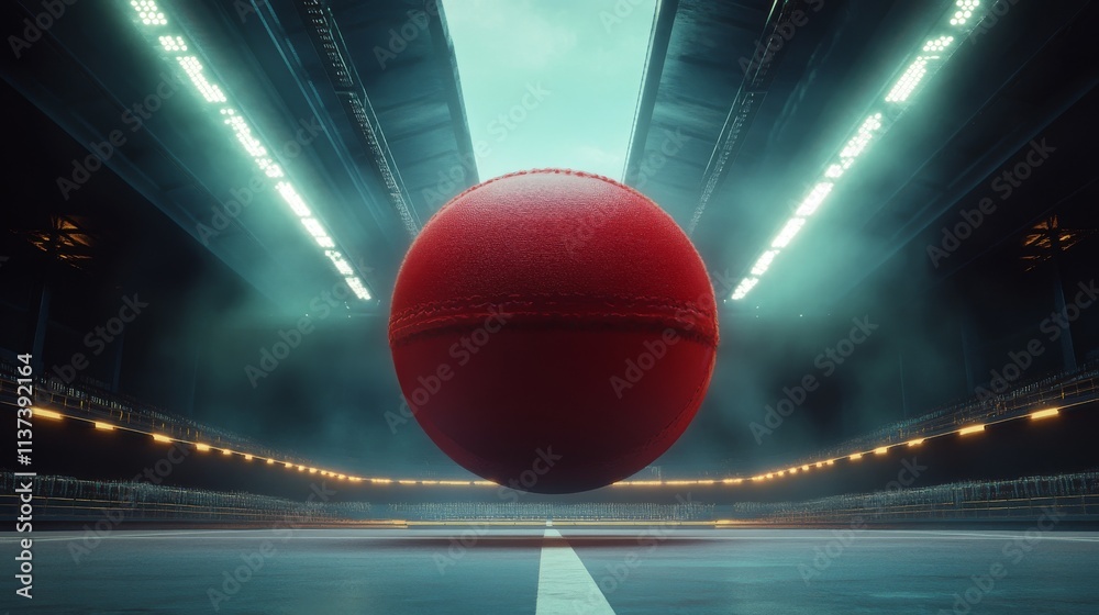 Professional cricket stadium visualization, enormous floating red ball ...