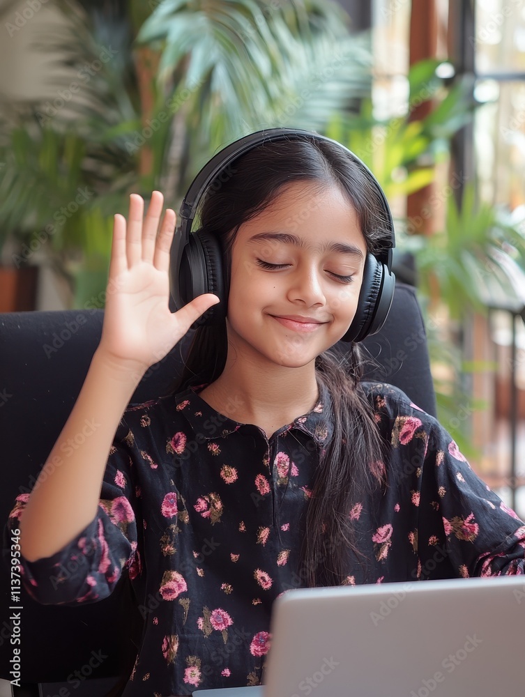 Happy indian latin preteen girl school pupil wearing headphones raising ...