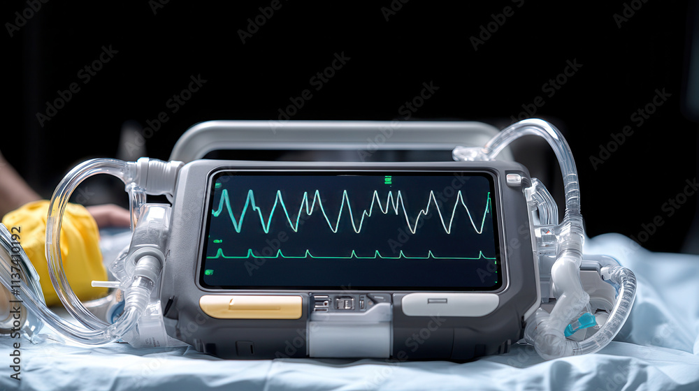 Healthcare innovation concept, Medical ventilator displaying vital ...