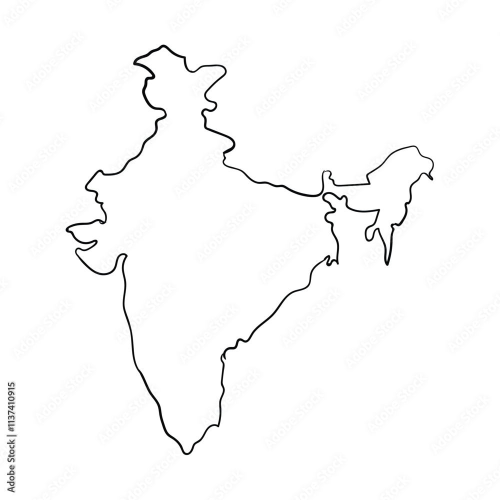 Rough line map of India. vector line drawing. outline map. geography ...