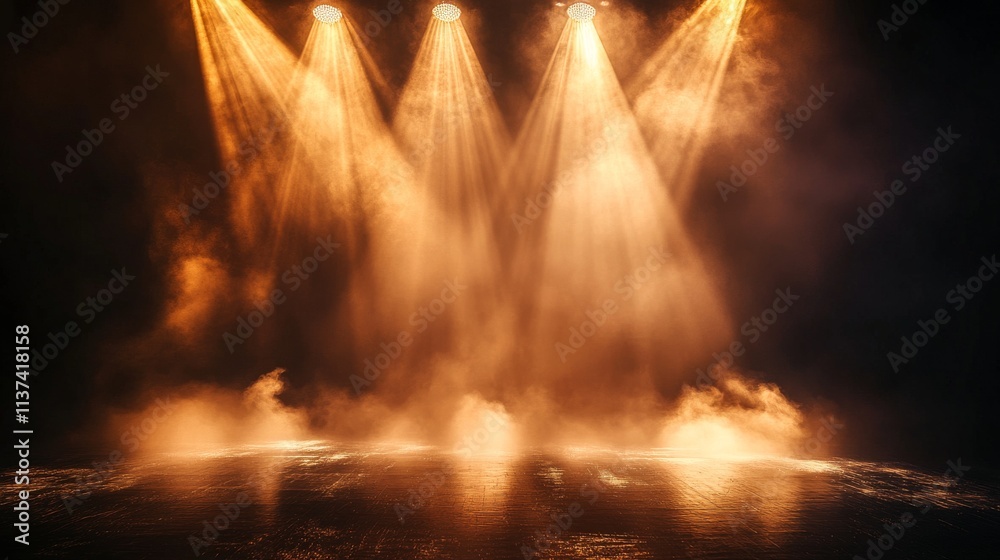 theatrical light array, amber spotlight rays, floating dust particles ...