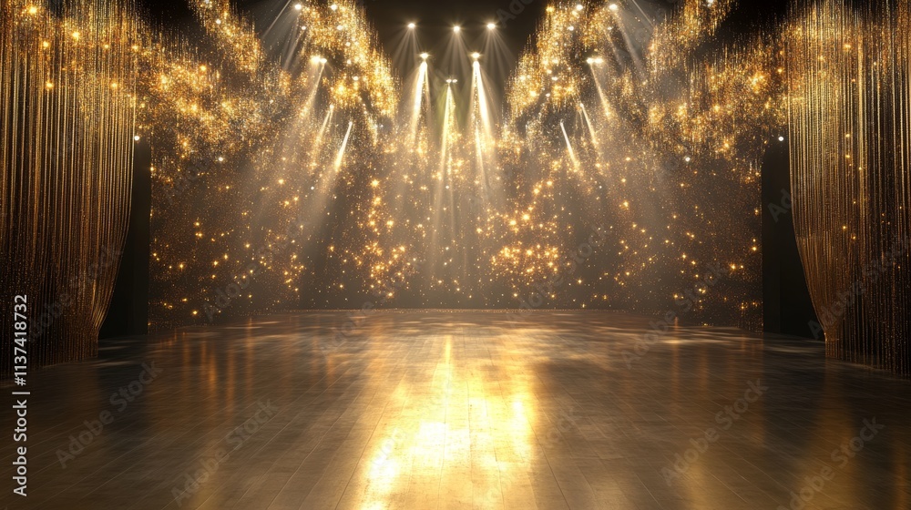 premium stage design, cascading gold particles, spotlight convergence ...