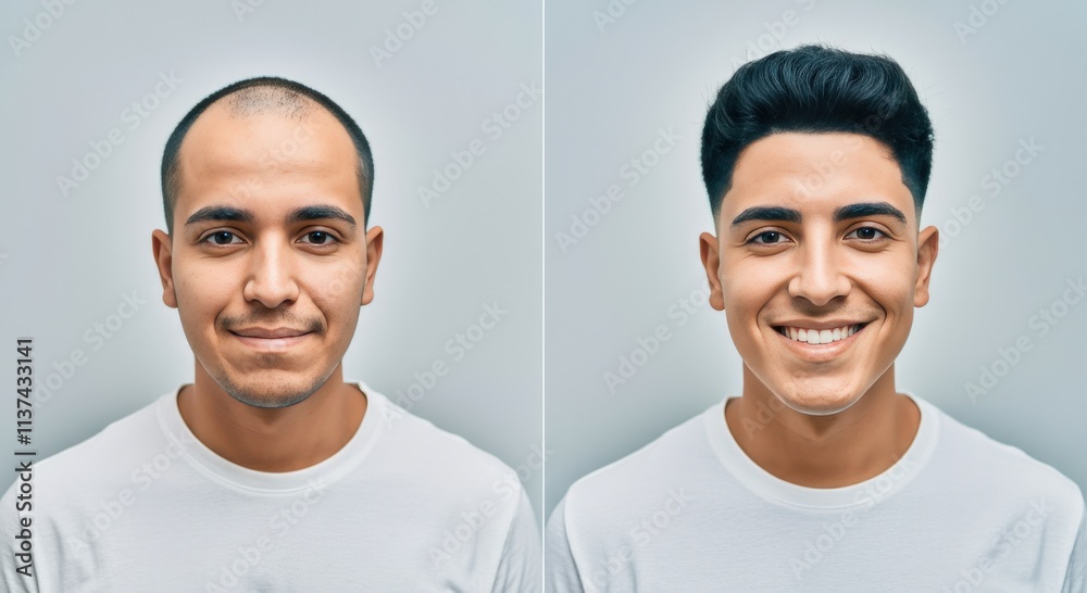 Transformation of young hispanic male from bald to full hair with white ...