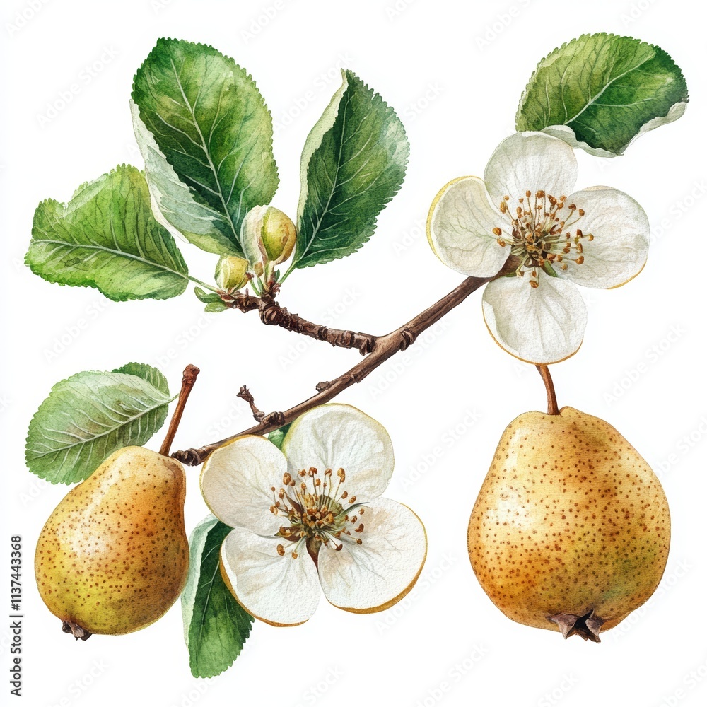 Watercolor illustration of Pyrus calleryana, Callery Pear from top view ...