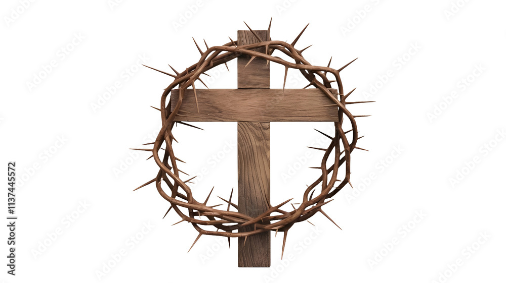 Circular wooden cross with a sharp crown of thorns symbolizing ...